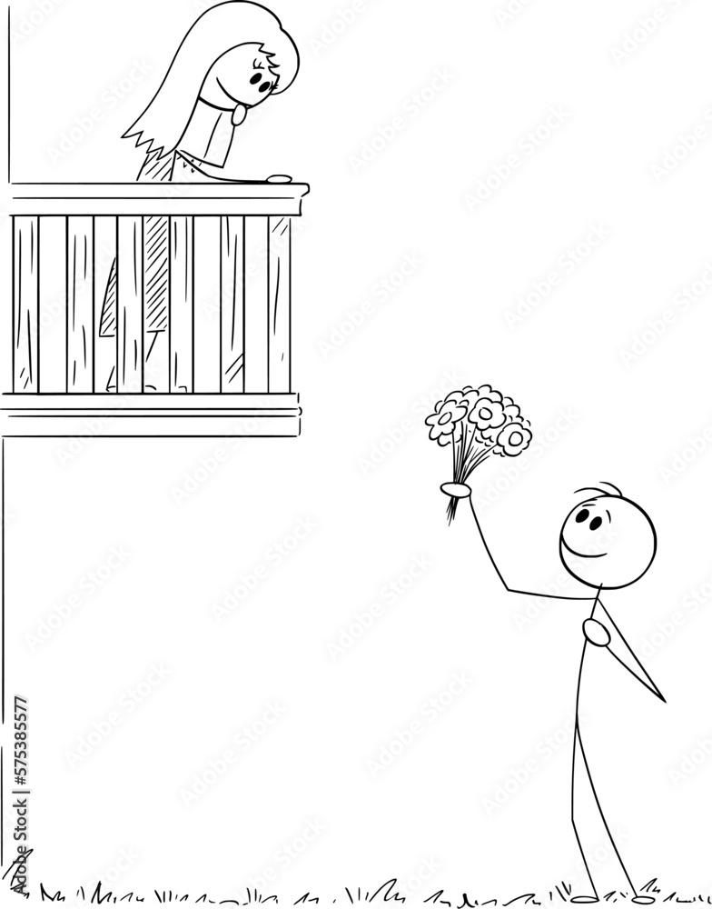 Lover Confessing Love To Girl on Balcony , Vector Cartoon Stick Figure ...
