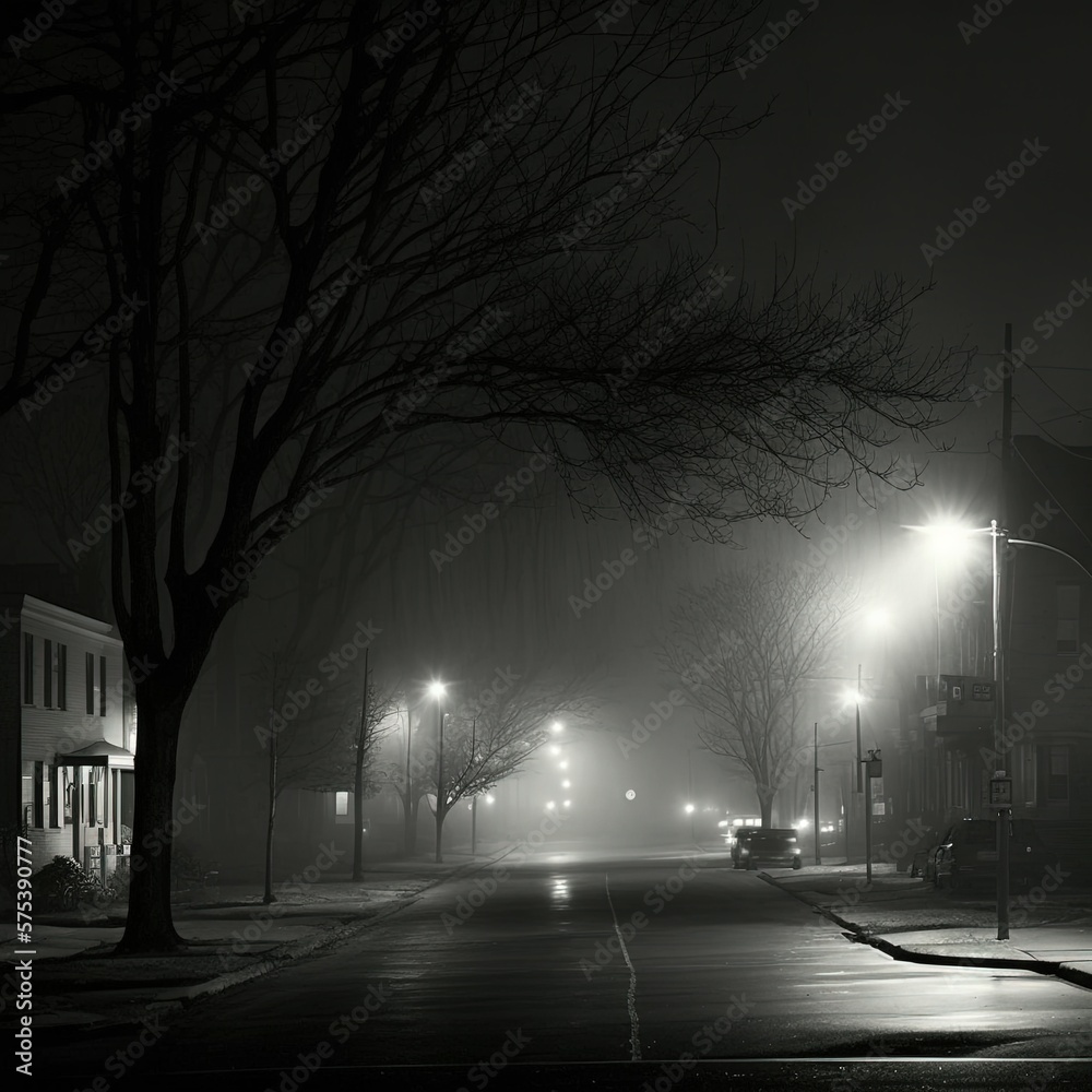 foggy chicago suburbs night 1950's film empty streets tail lights ...