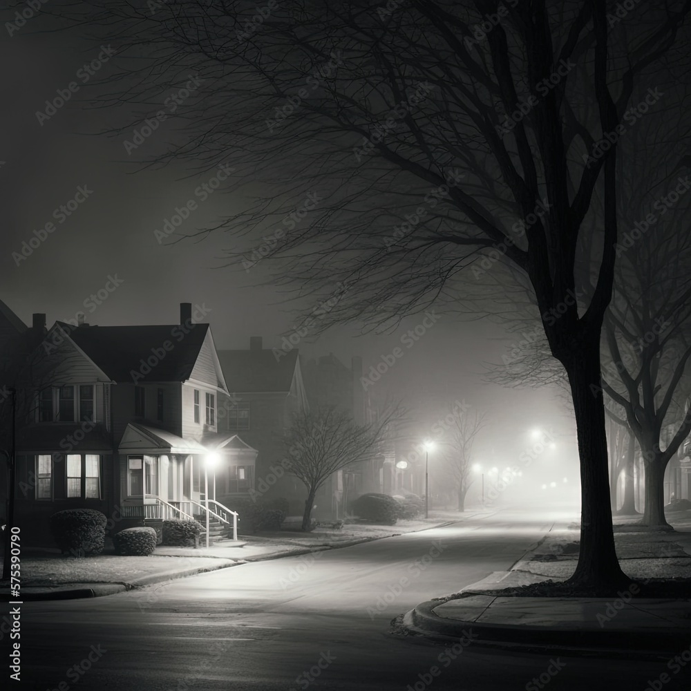 foggy chicago suburbs night 1950's film empty streets tail lights ...