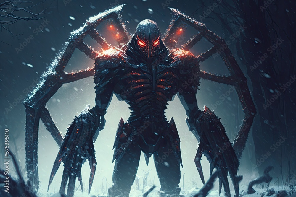 Spider monster from a cyberpunk horror story, standing in the snow at ...