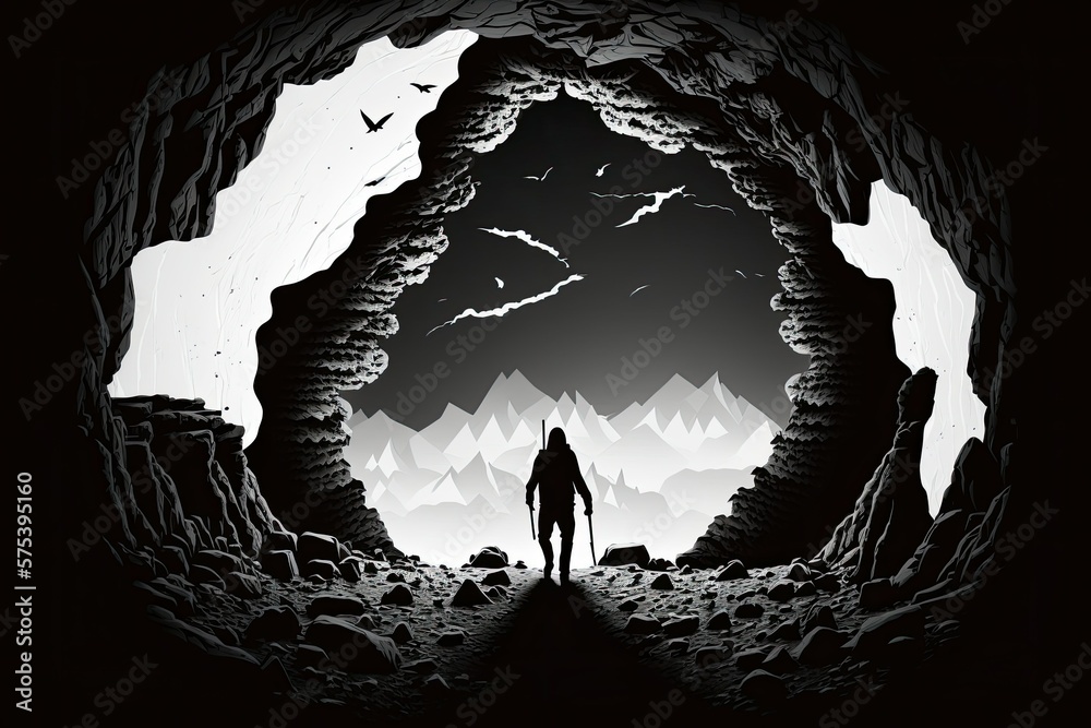 A horizontal path cuts through a gloomy cave scene, a terrifying void ...