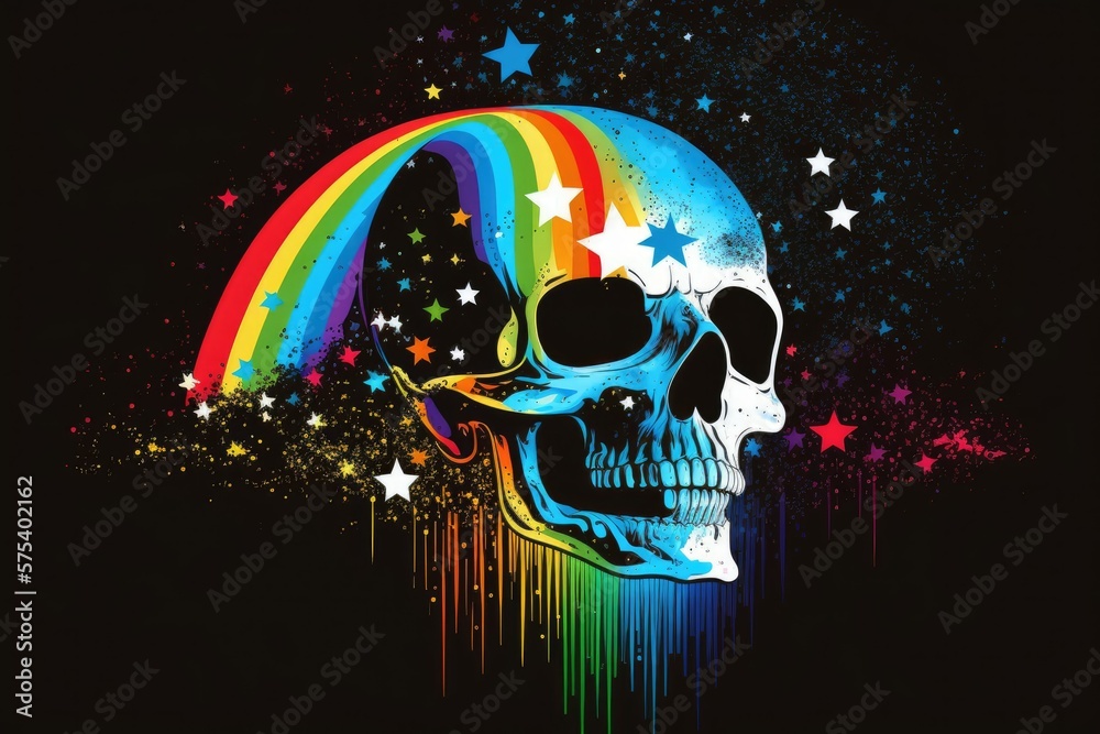 Pop art depiction of a human skull with rainbows emanating from its ...