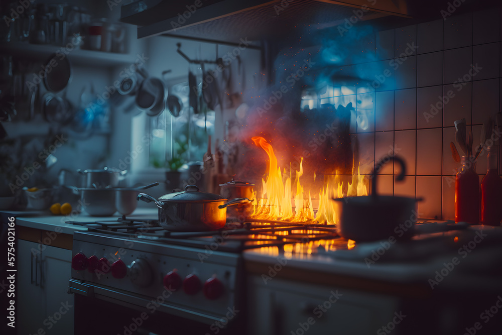 Stove ignited in the kitchen during cooking, smoke and soot around ...