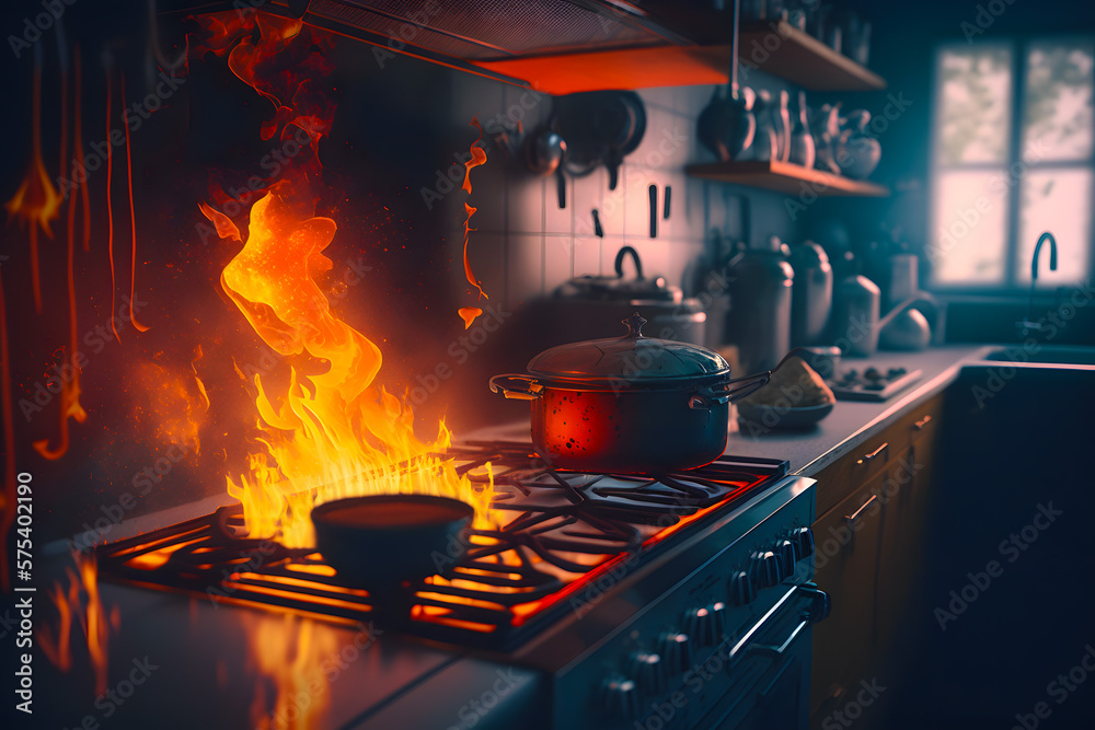 Stove ignited in the kitchen during cooking, smoke and soot around ...