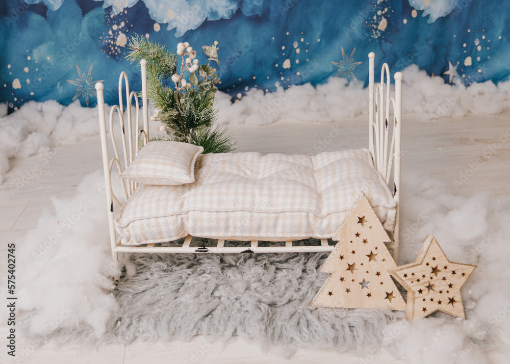 Newborn baby bed in a photo studio for a photo session Stock Photo ...