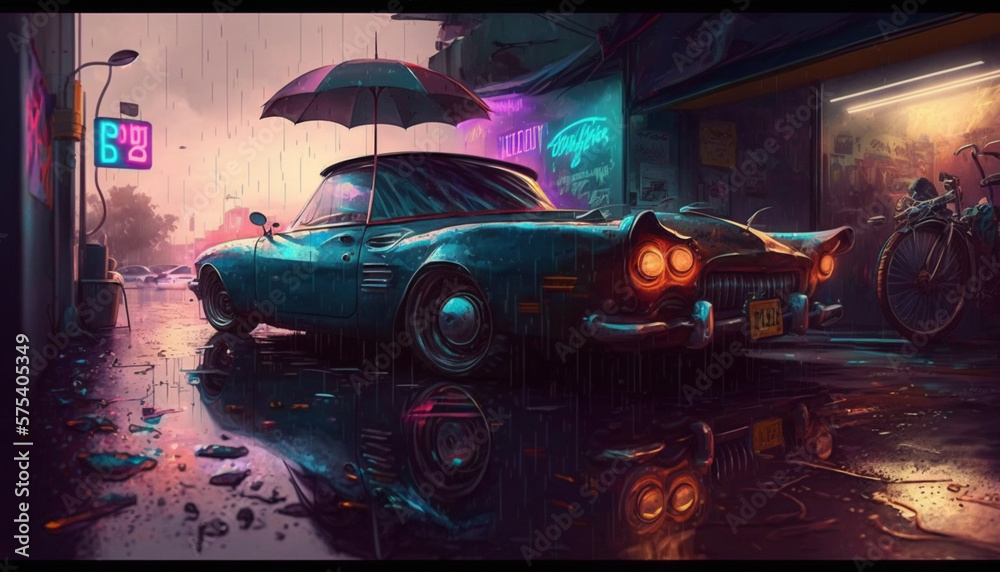 old style car in the rain, digital painting, AI, fantasy art rock and ...