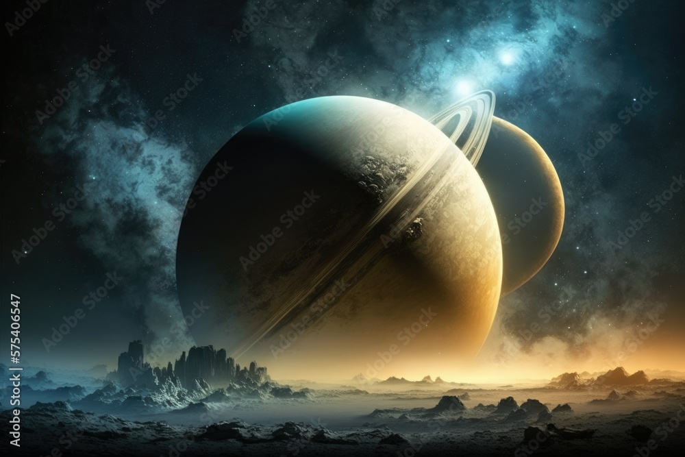 Saturn's ringed planet far from the solar system, surrounded by ...