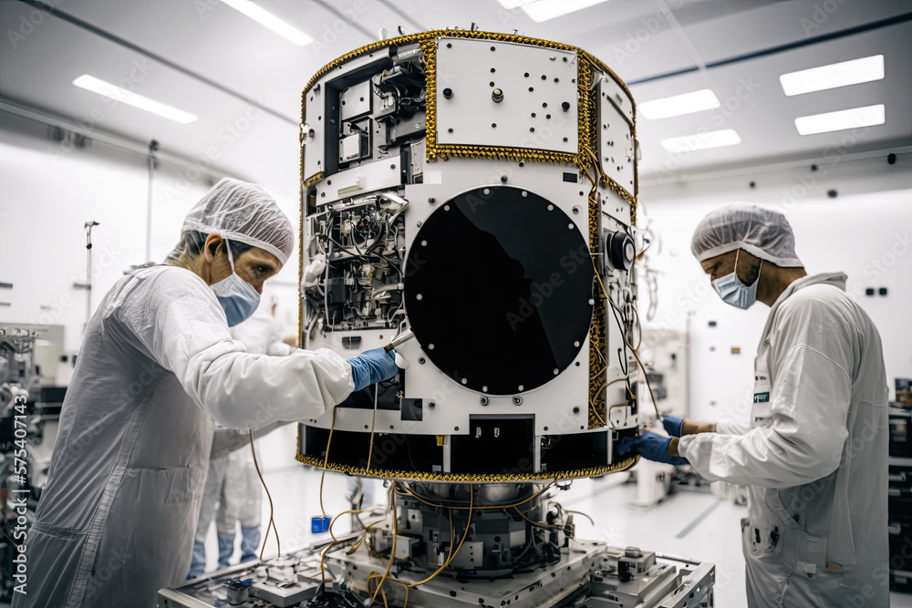 Generative AI Illustration of a group of space engineers building and ...