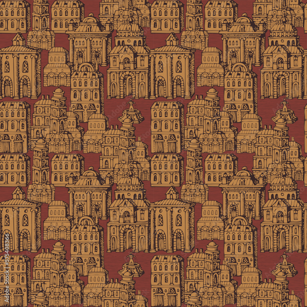 Vector seamless pattern with old hand drawn houses in retro style ...