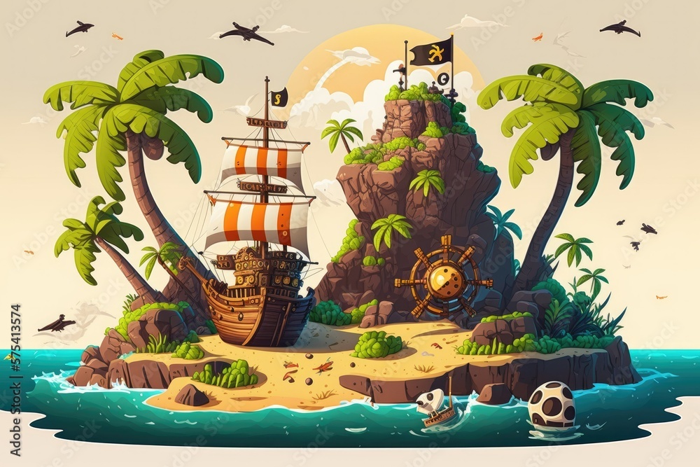 Cartoon of a tropical island with pirates. Cartoon seascape with a ...