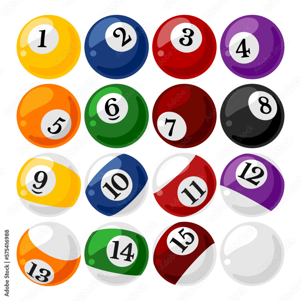 Pool or American billiards balls collection. Snooker color balls with ...