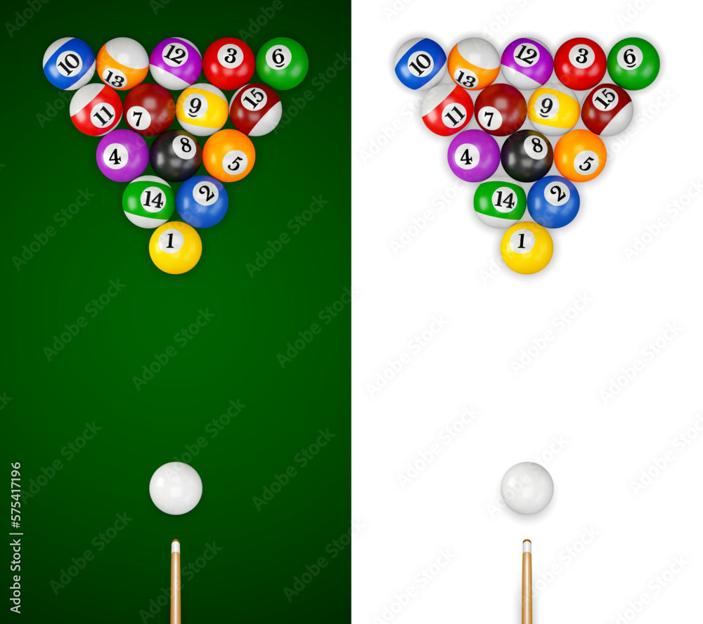 Pool or American billiards balls with numbers on the green table, ready ...