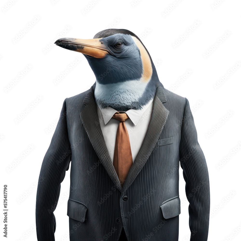 Portrait of a penguin dressed in a formal business suit on white ...