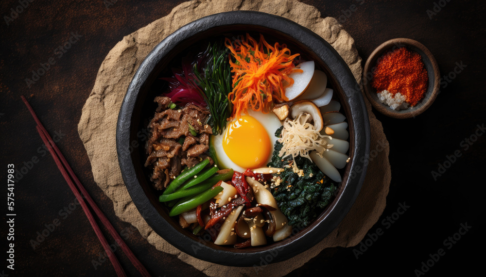 Colorful and healthy Korean dish of bibimbap with various toppings ...