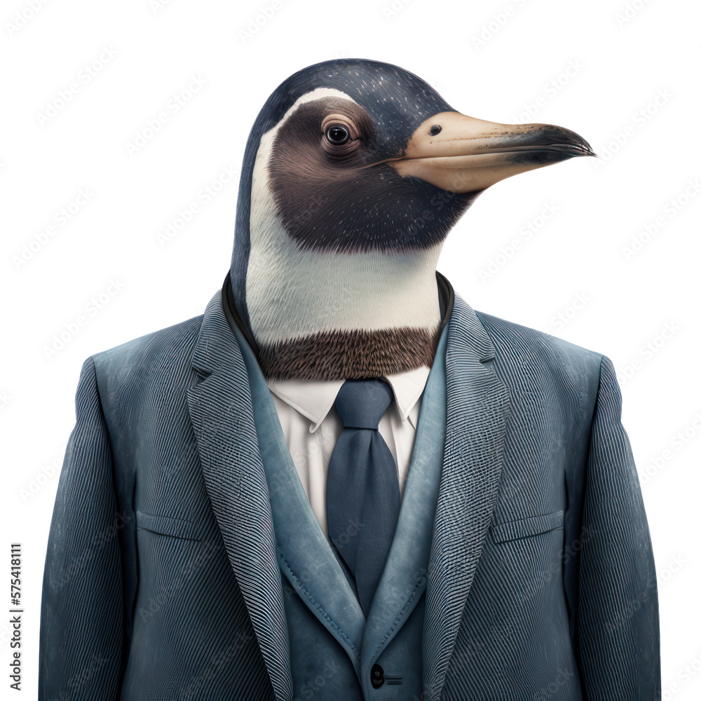 Portrait of a penguin dressed in a formal business suit on white ...