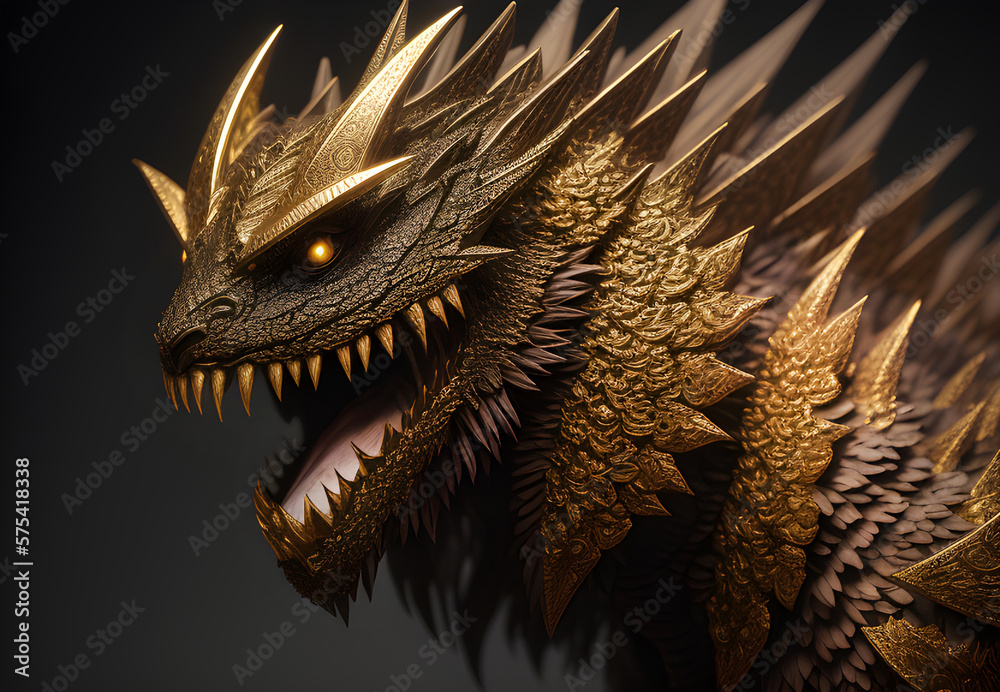 Fantasy alien golden dragon creature in armor. Generative AI. Stock ...
