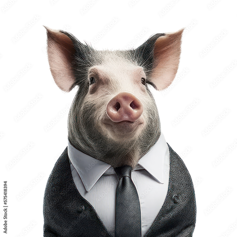 Portrait of a pig dressed in a formal business suit on white background ...