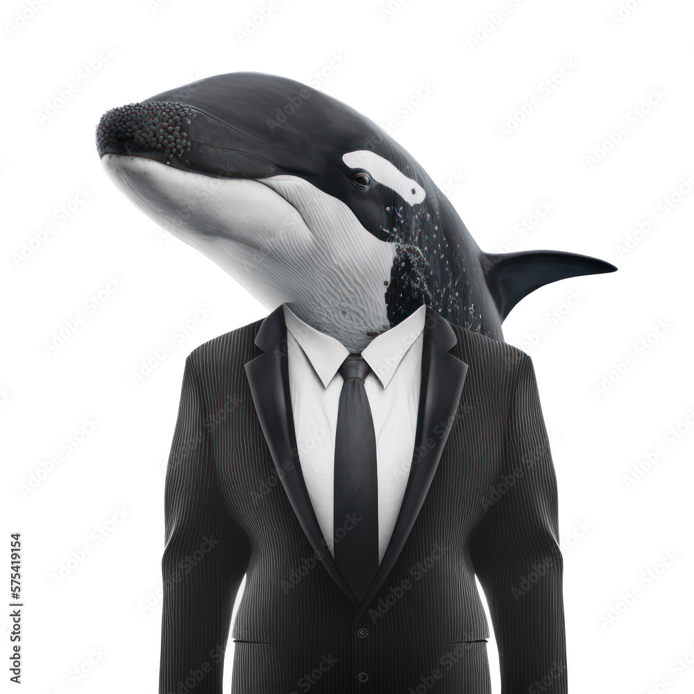 Portrait of an orca whale dressed in a formal business suit on white ...