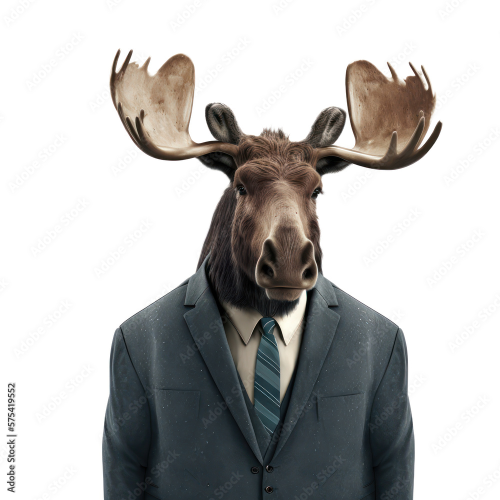 Portrait of a moose dressed in a formal business suit on white ...