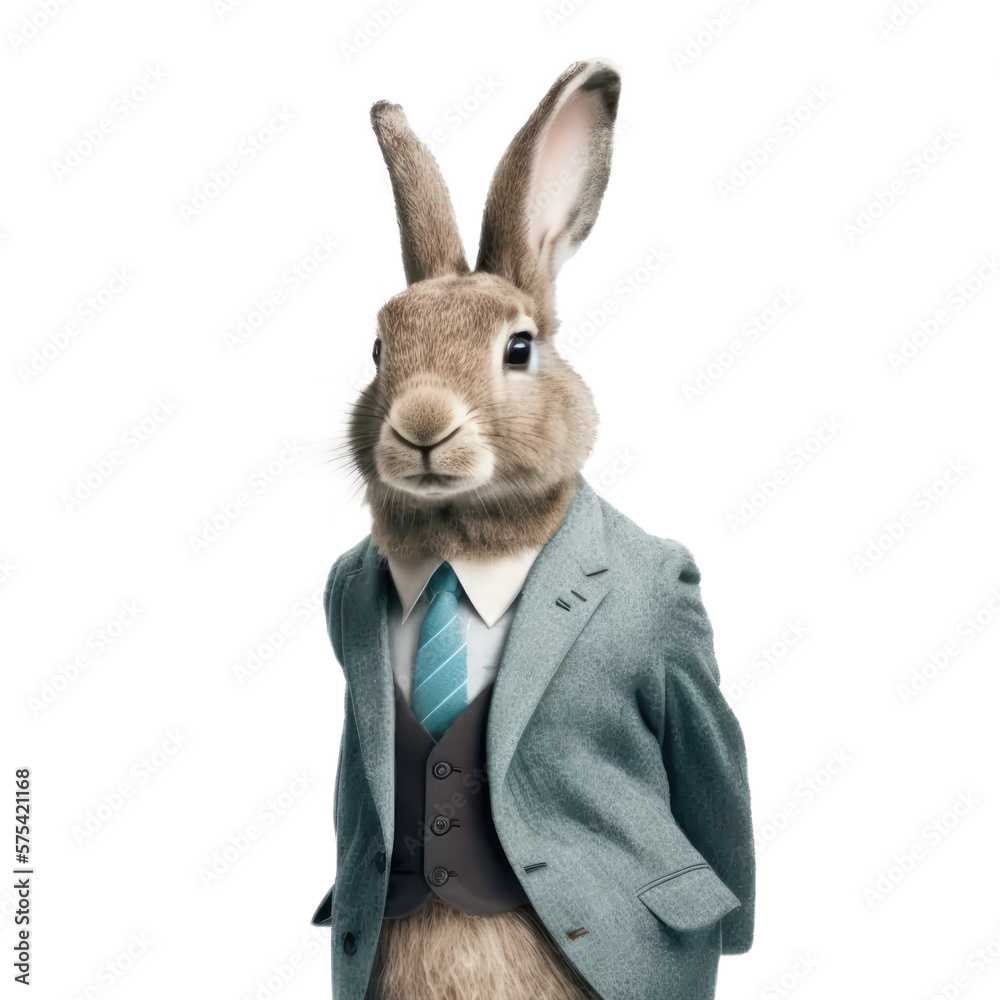 Portrait of a rabbit dressed in a formal business suit on white ...