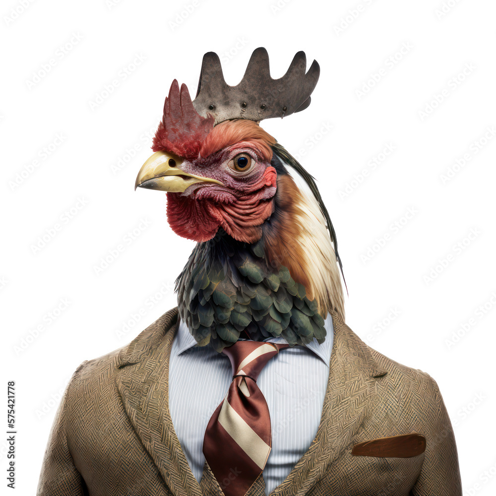 Portrait of a rooster dressed in a formal business suit on white ...