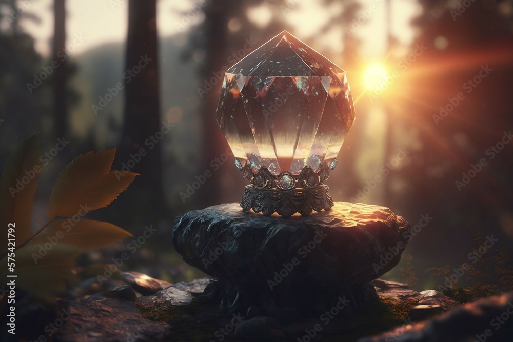 Large diamond on a stone pedestal in the forest with sunset on a ...