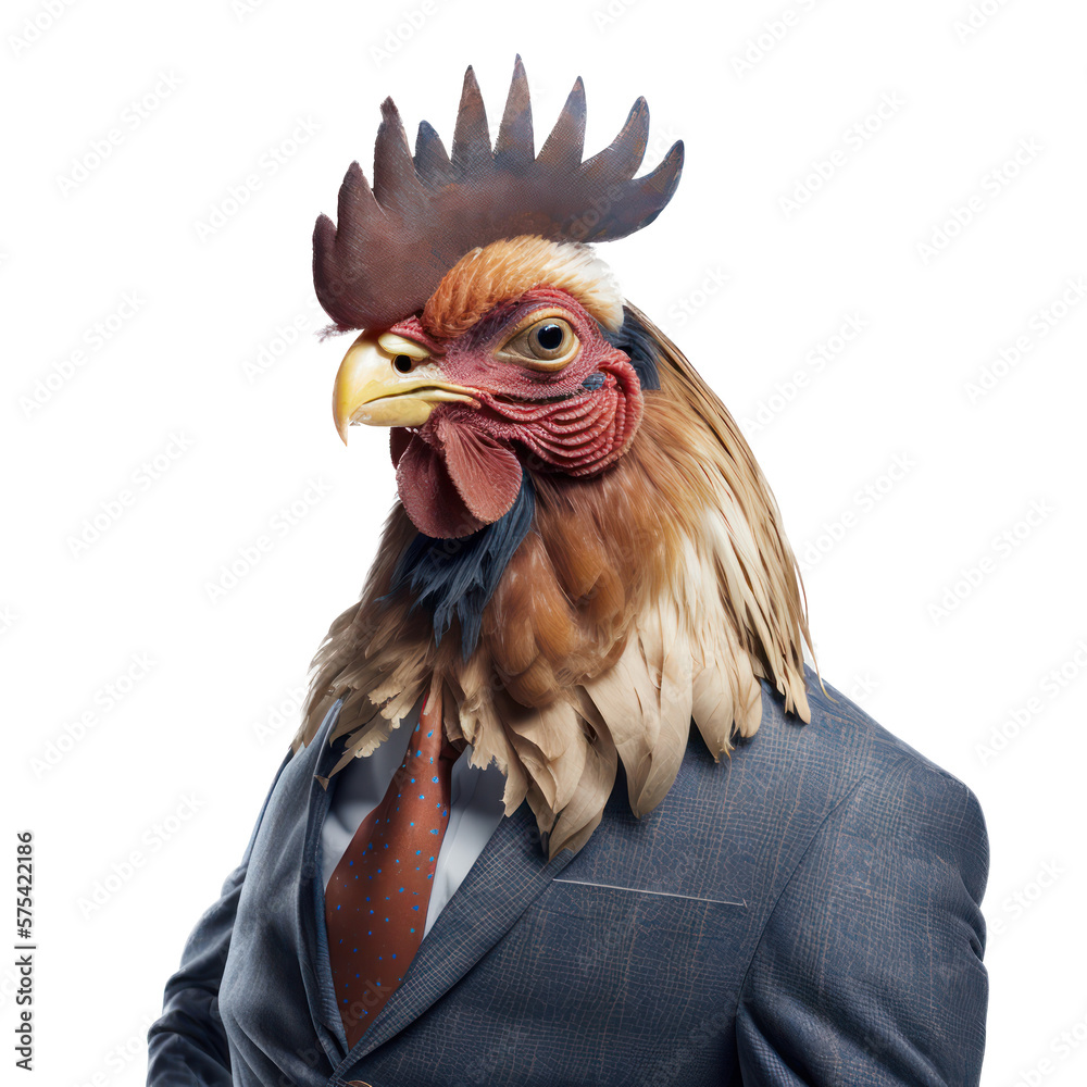 Portrait of a rooster dressed in a formal business suit on white ...