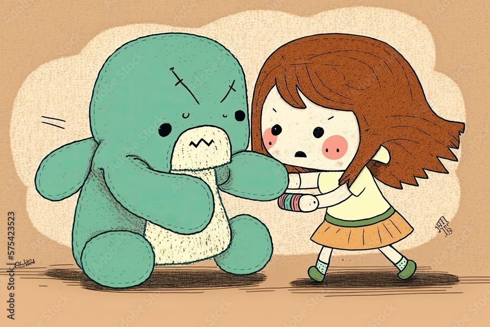 Cartoon depiction of two young girls squabbling over a stuffed animal ...
