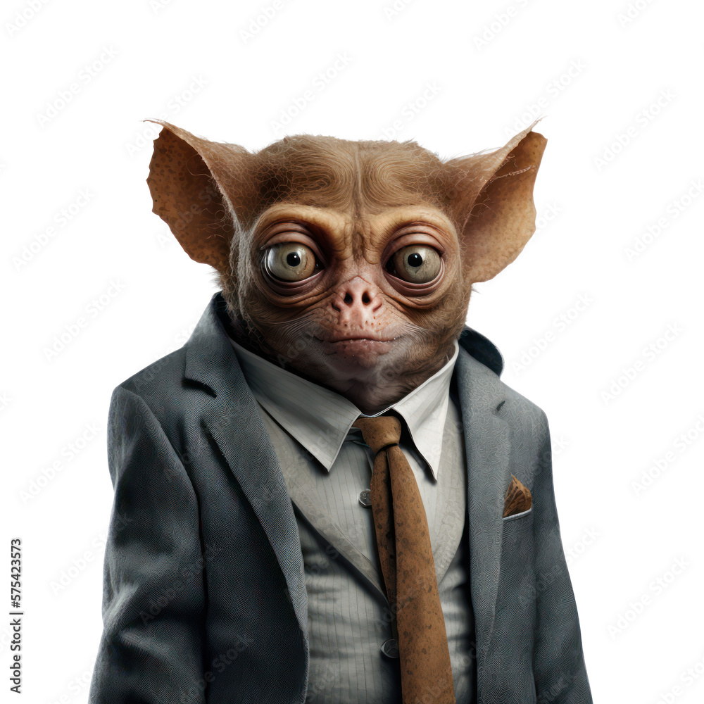 Portrait of a tarsier dressed in a formal business suit on white ...