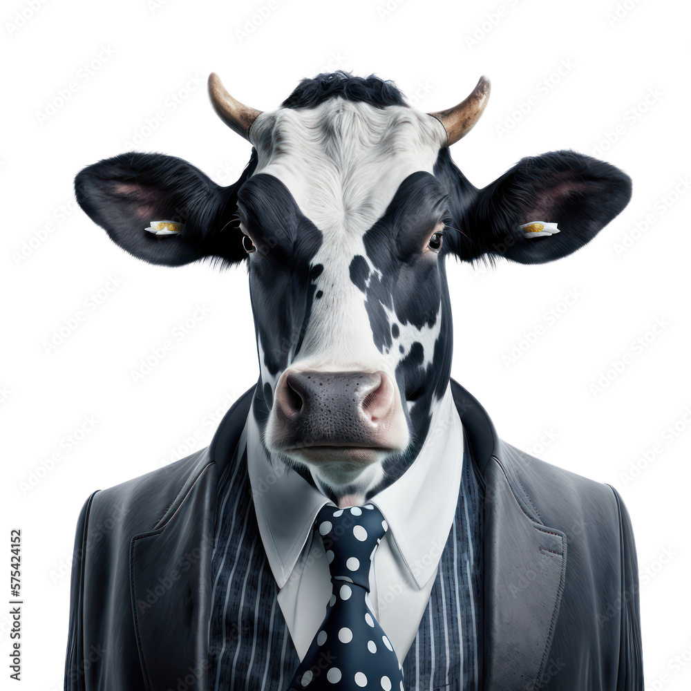 Portrait of a cow dressed in a formal business suit on white background ...