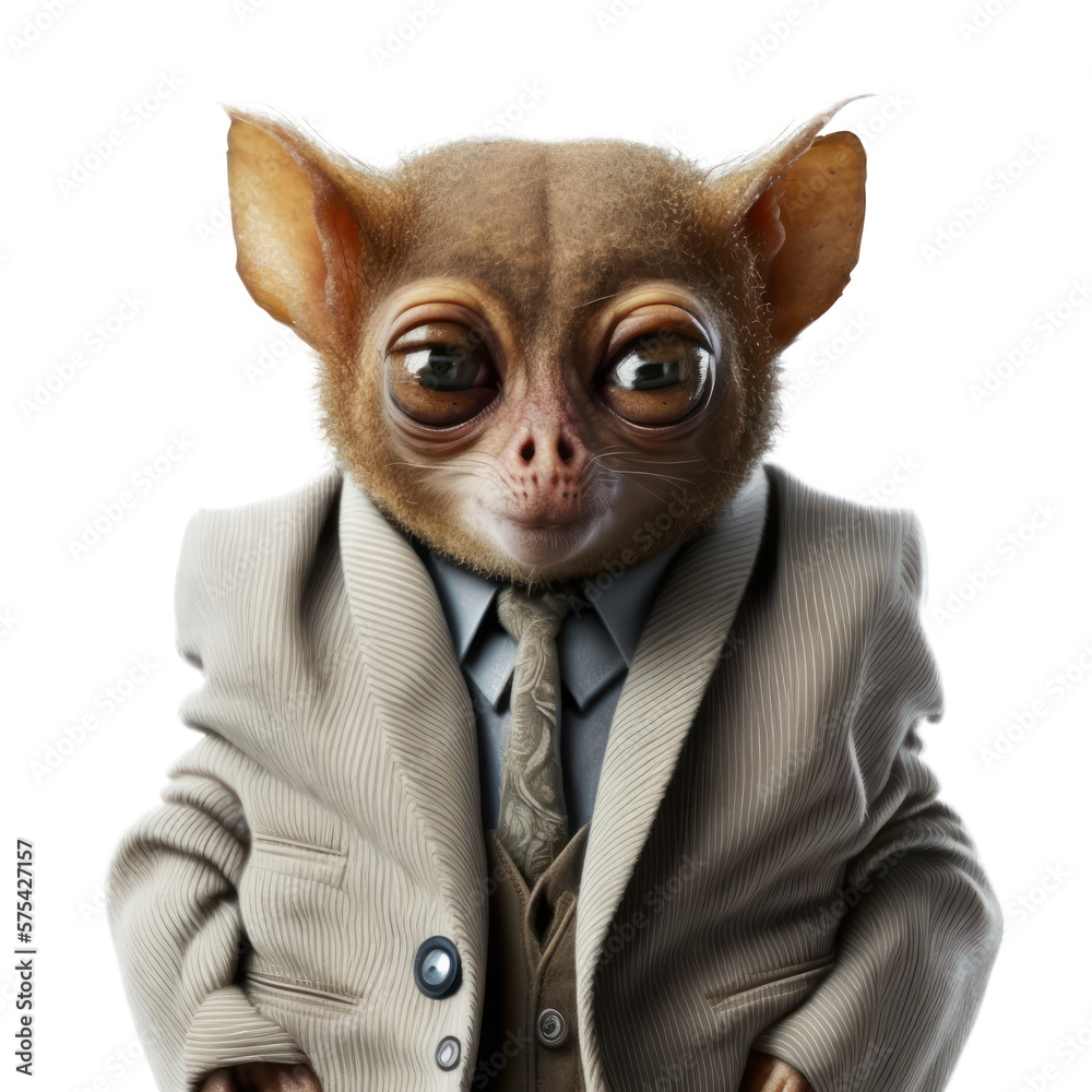 Portrait of a tarsier dressed in a formal business suit on white ...