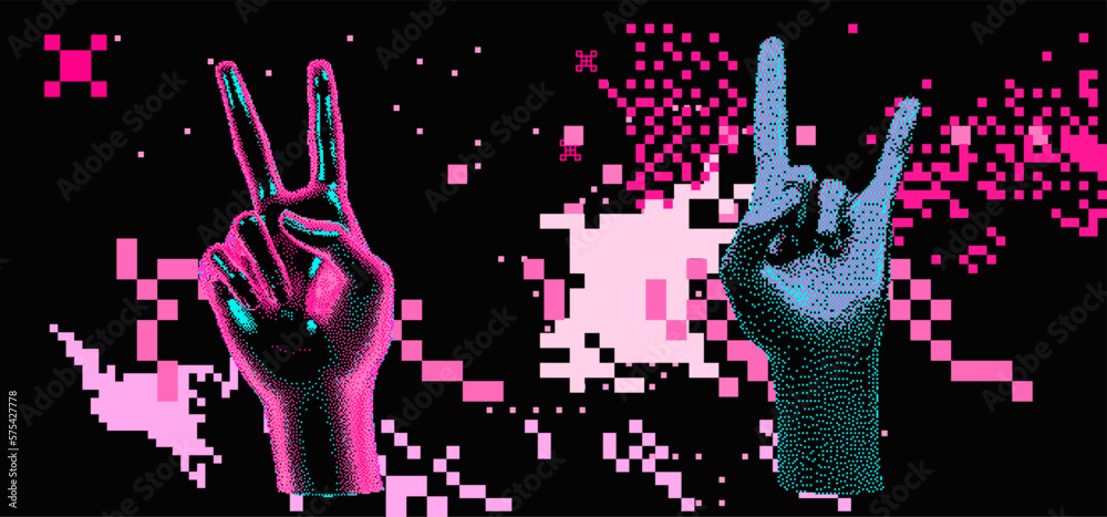 Set of 3D hands in pixel art style showing different gestures. Stock ...