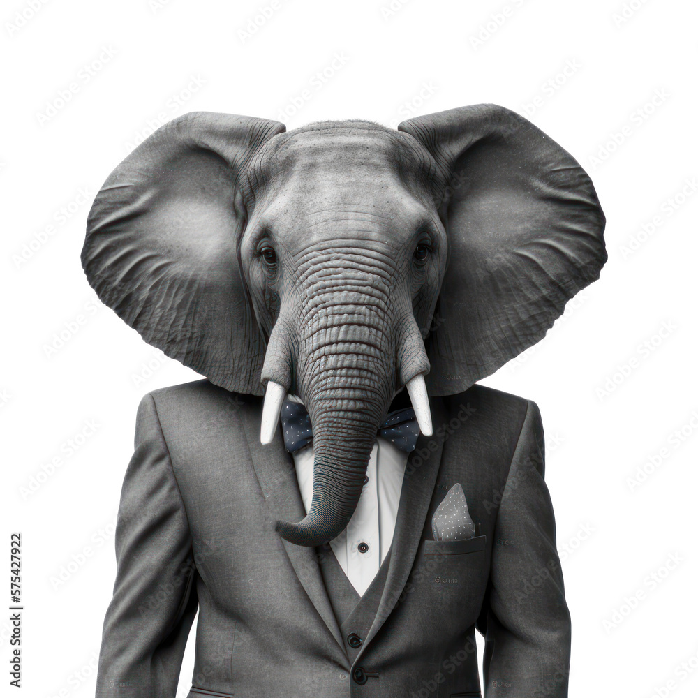 Portrait of a elephant dressed in a formal business suit on white ...