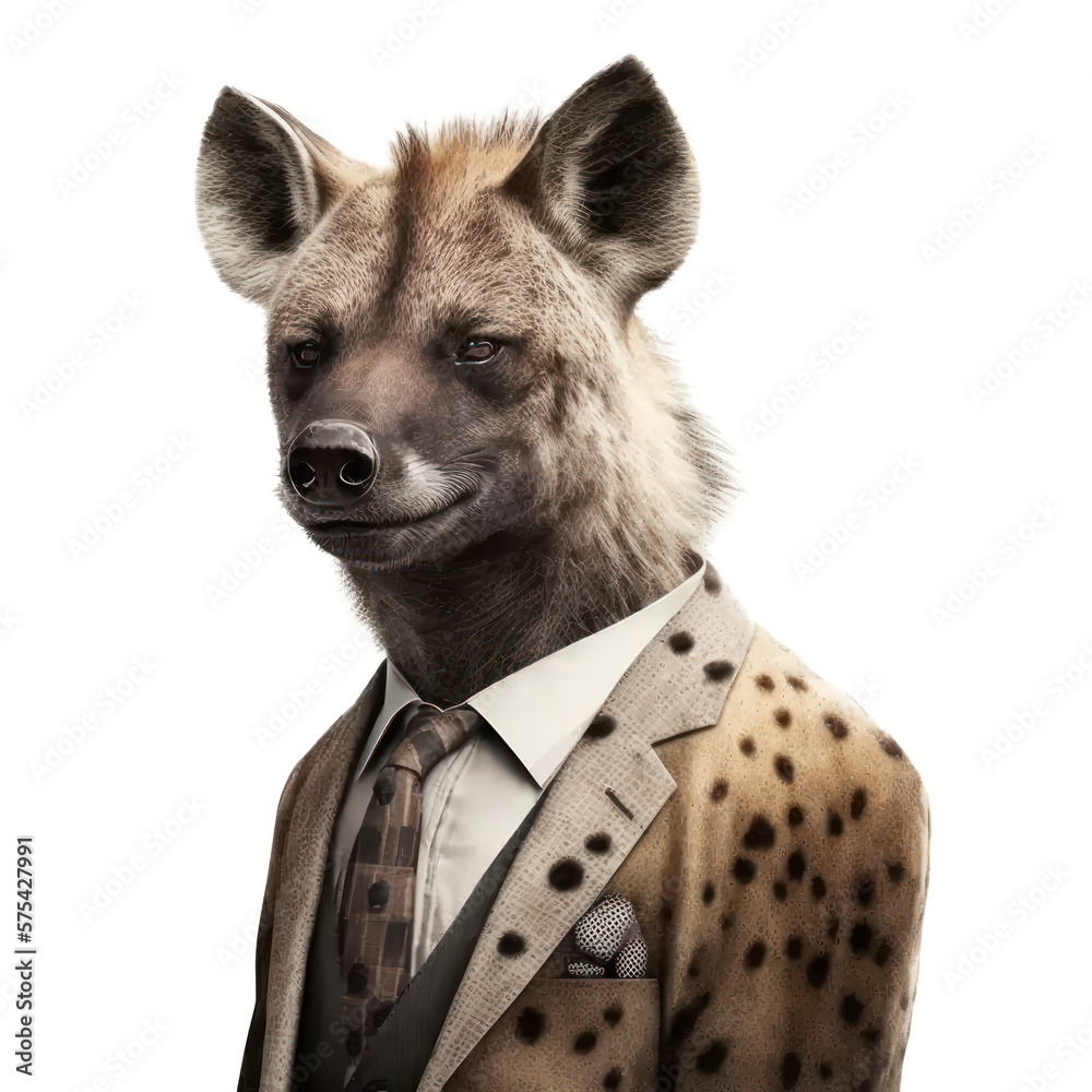 Portrait of a hyena dressed in a formal business suit on white ...