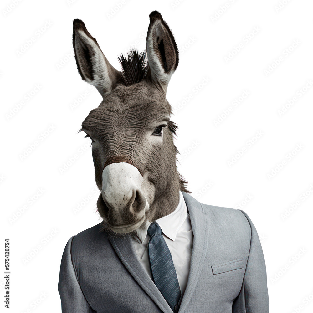 Portrait of a donkey dressed in a formal business suit on white ...
