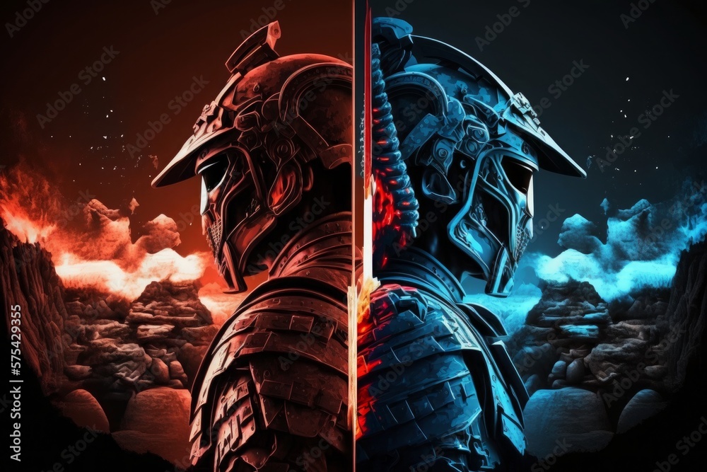samurai at night back to back created with Generative AI technology ...