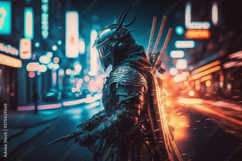 armed samurai in city with blurred fast moving neon with gun created ...