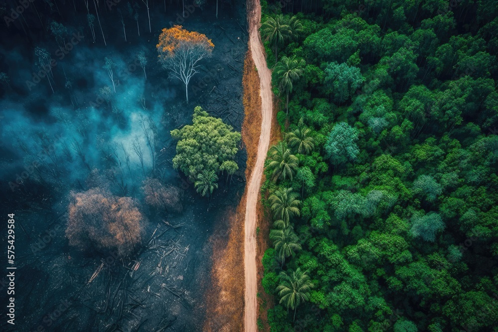 Deforest environmental problem, aerial split image from above top view ...