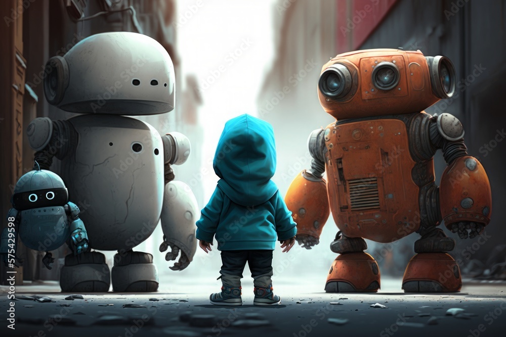 child with group of large robots futuristic boy game created with ...