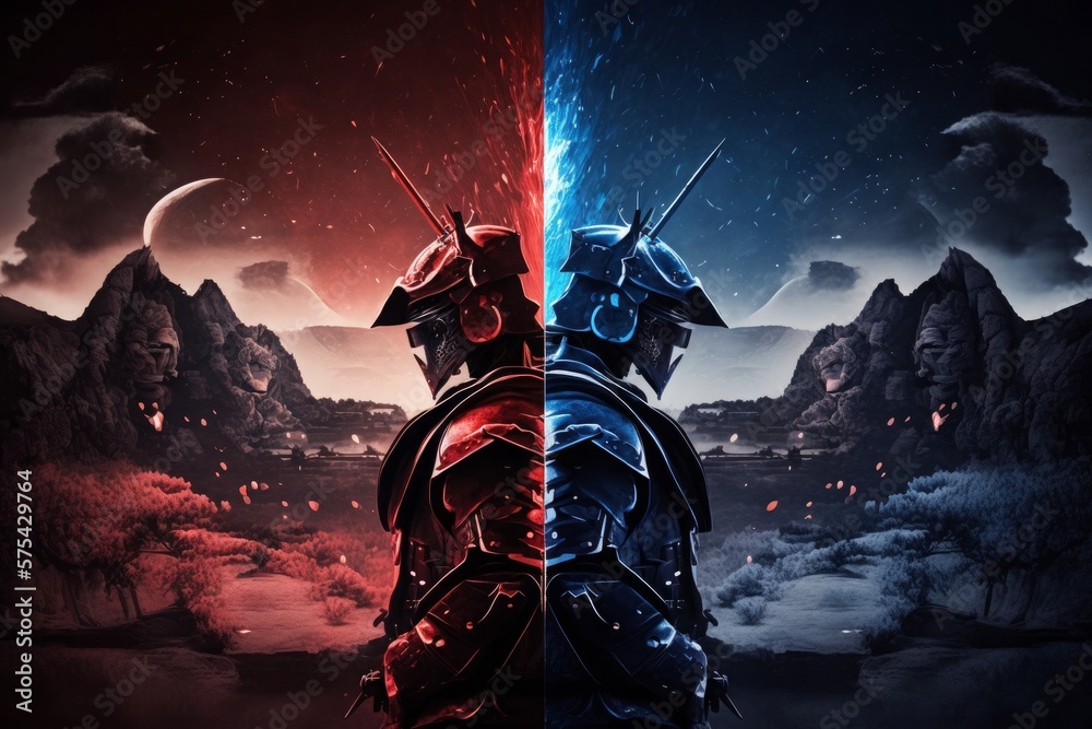 good blue samurai vs bad red samurai at night in front of rocks created ...