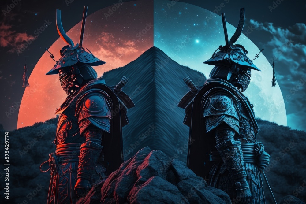 good blue samurai vs bad red samurai at night created with Generative ...