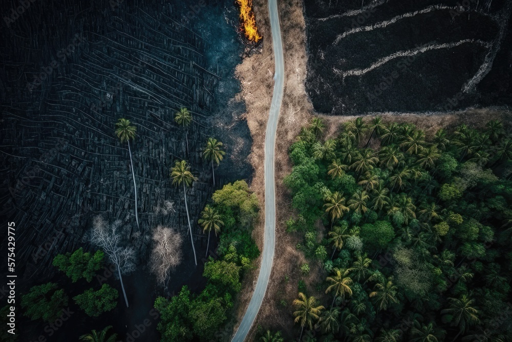 Deforest environmental problem, aerial split image from above top view ...