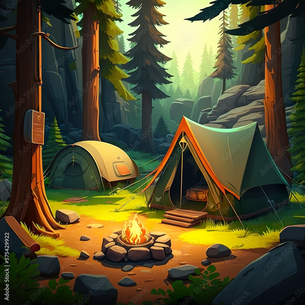 Nightfall Camping Adventure with bonefire A Realistic and High-Detail ...