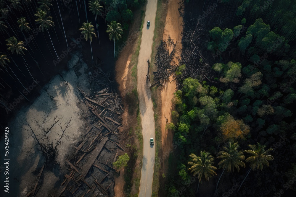 Deforest environmental problem, aerial split image from above top view ...