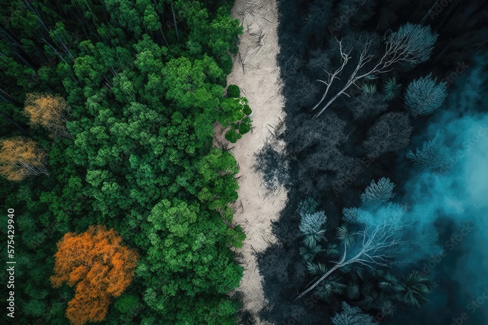 Deforest environmental problem, aerial split image from above top view ...