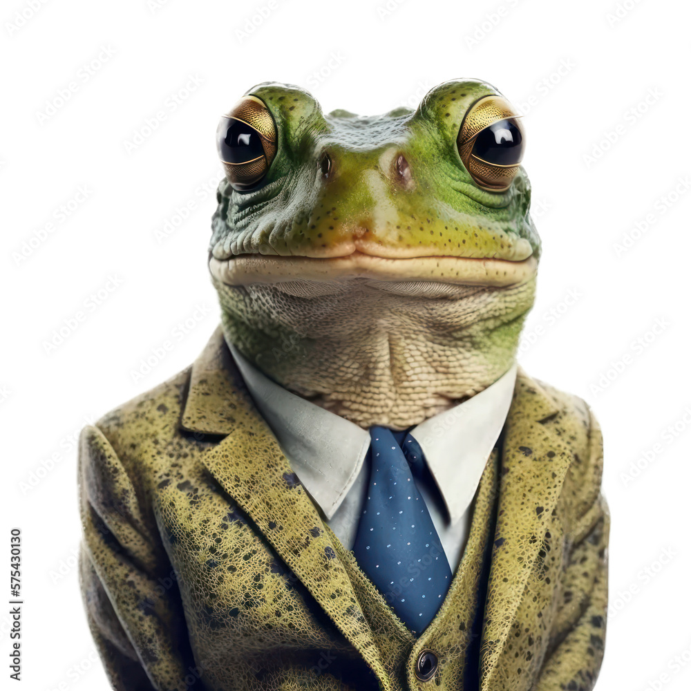 Portrait of a frog dressed in a formal business suit on white ...
