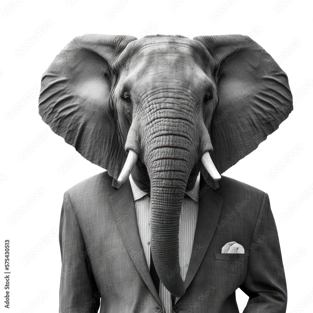 Portrait of a elephant dressed in a formal business suit on white ...