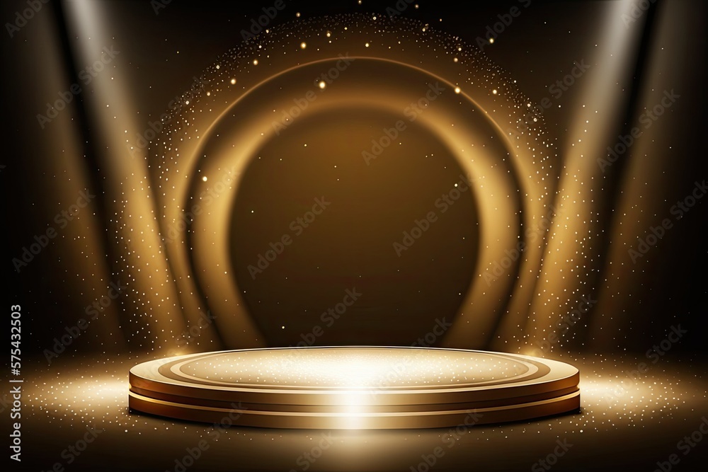Lights on the stage and a glittering gold stage floor. A gold abstract ...