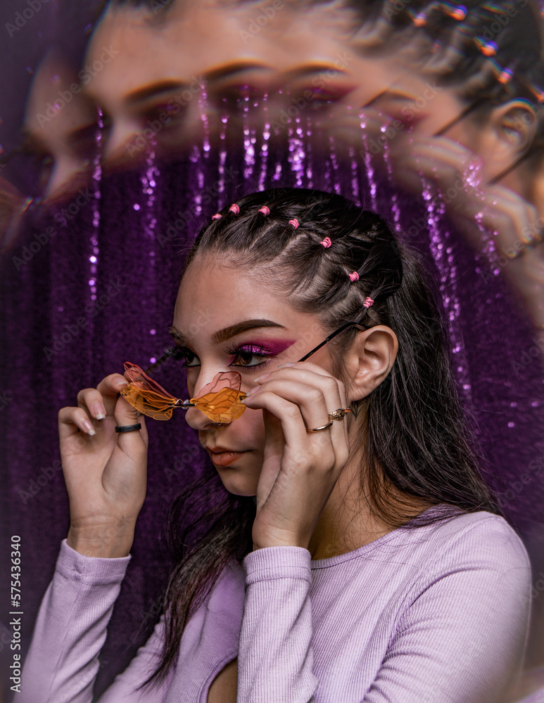 euphoria inspired editorial photo shoot glitter background purple black ...