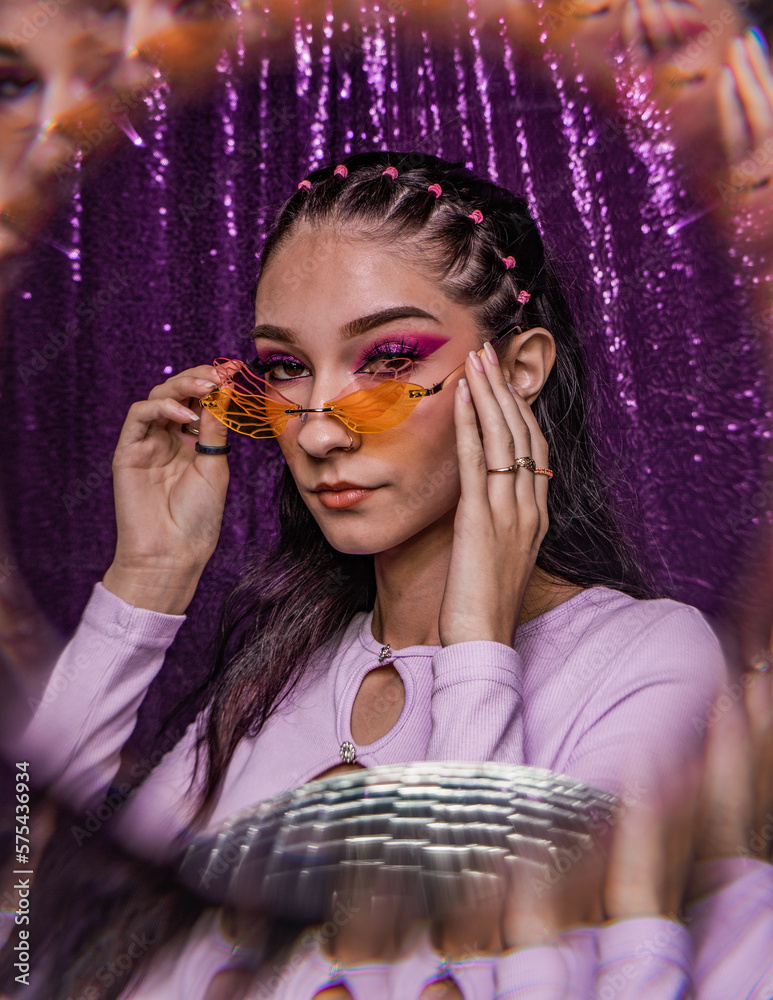 euphoria inspired editorial photo shoot glitter background purple black model caucasian hispanic ...